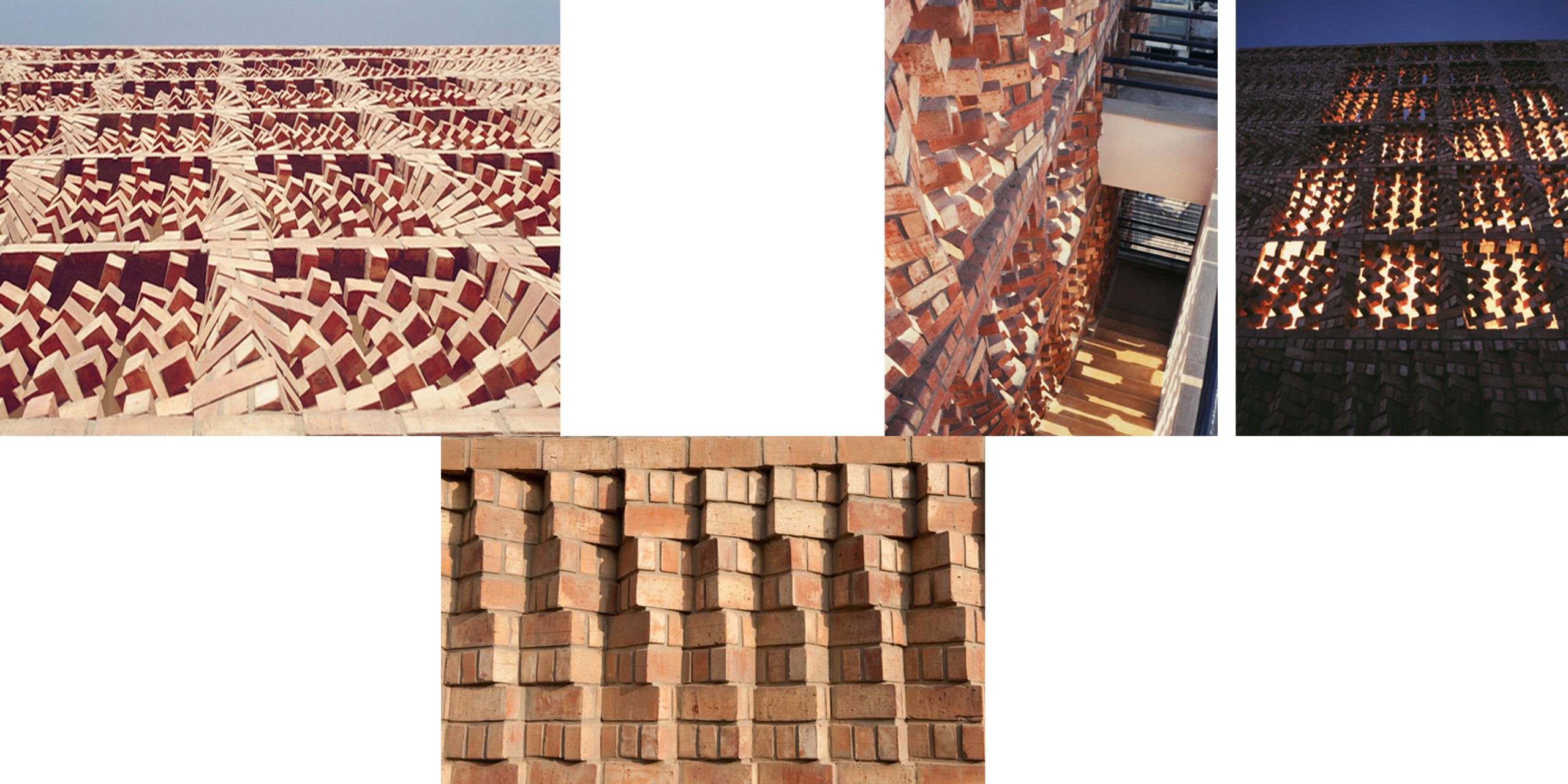 The facade of this building displays twirling stacks of bricks