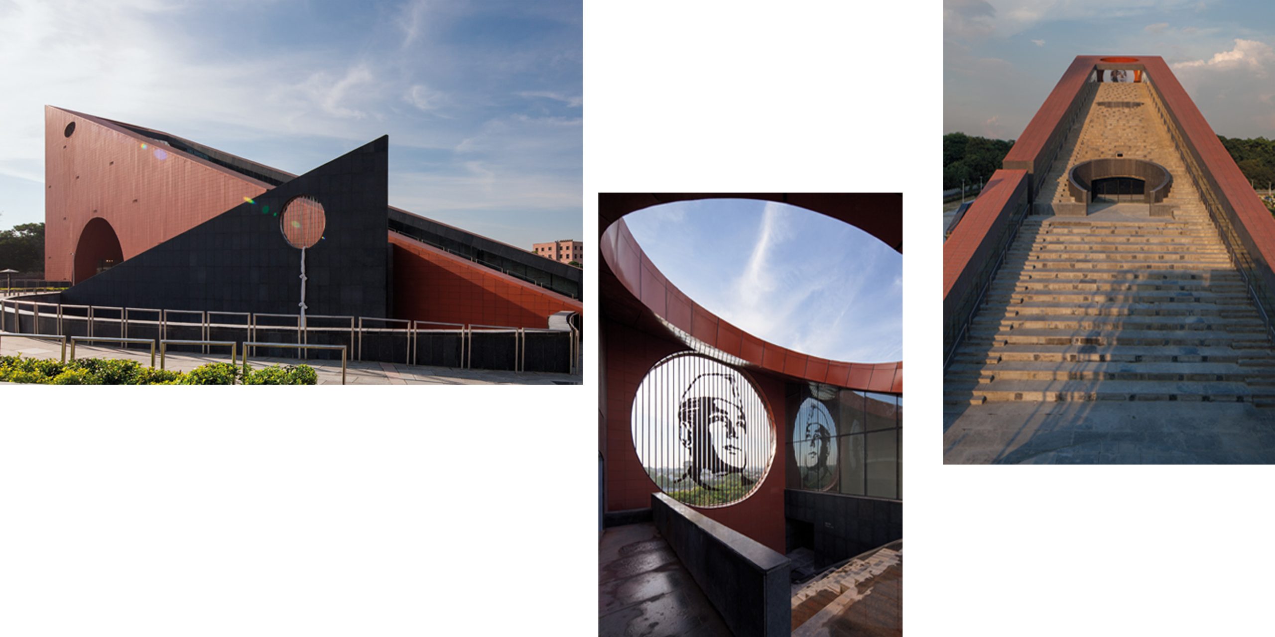 This wedge shaped museum’s facade features etched tiles